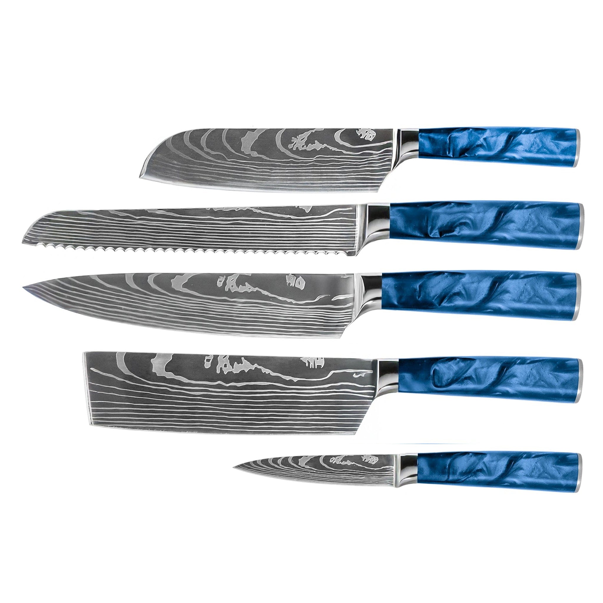 Damascus Print Epoxy Sapphire 5-Piece Knife Set - Chef's Knife + Bread ...