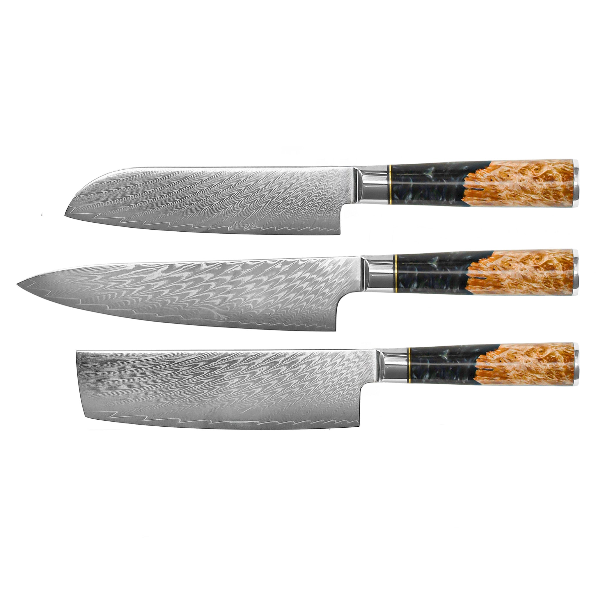 Epoxy Onyx 3-piece Damascus Knife Set - Chef's Knife + Nakiri + Santok ...