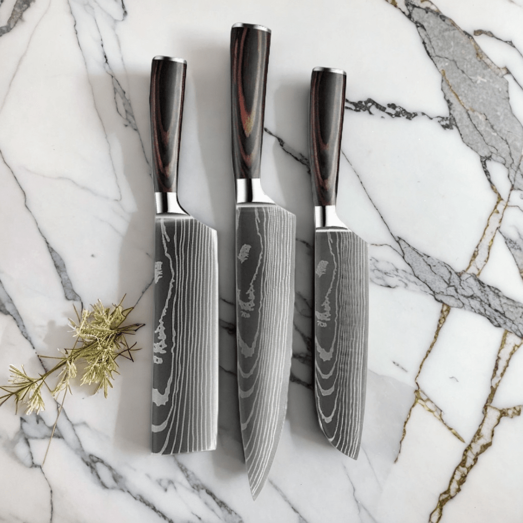 DAMASCUS PRINT 3-PIECE KNIFE SET + SHARPENING STONE – ShinraiKnives