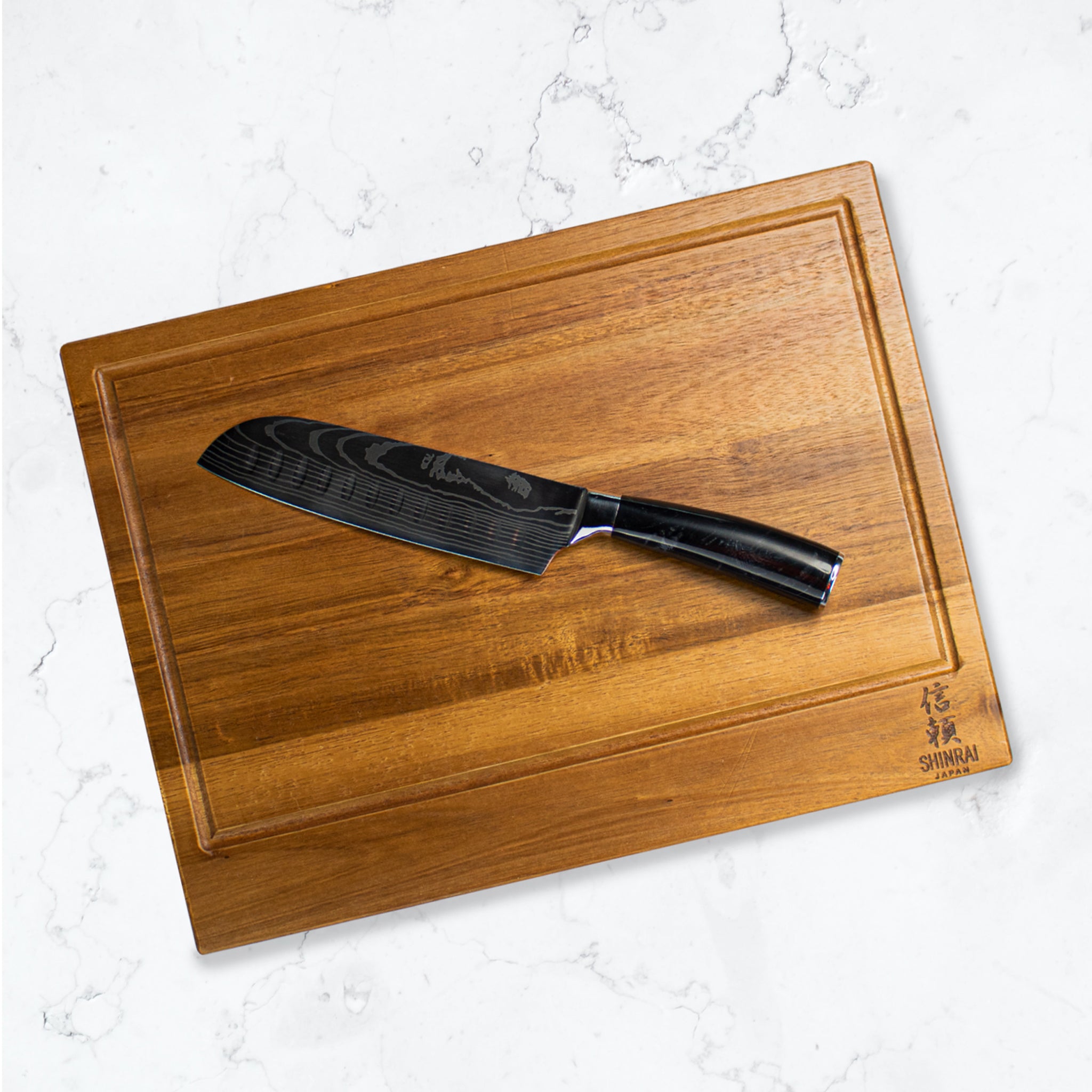 EPOXY ONYX 9 PIECE DAMASCUS PRINT KNIFE SET + ACACIA HOLDER DOUBLE SID ...