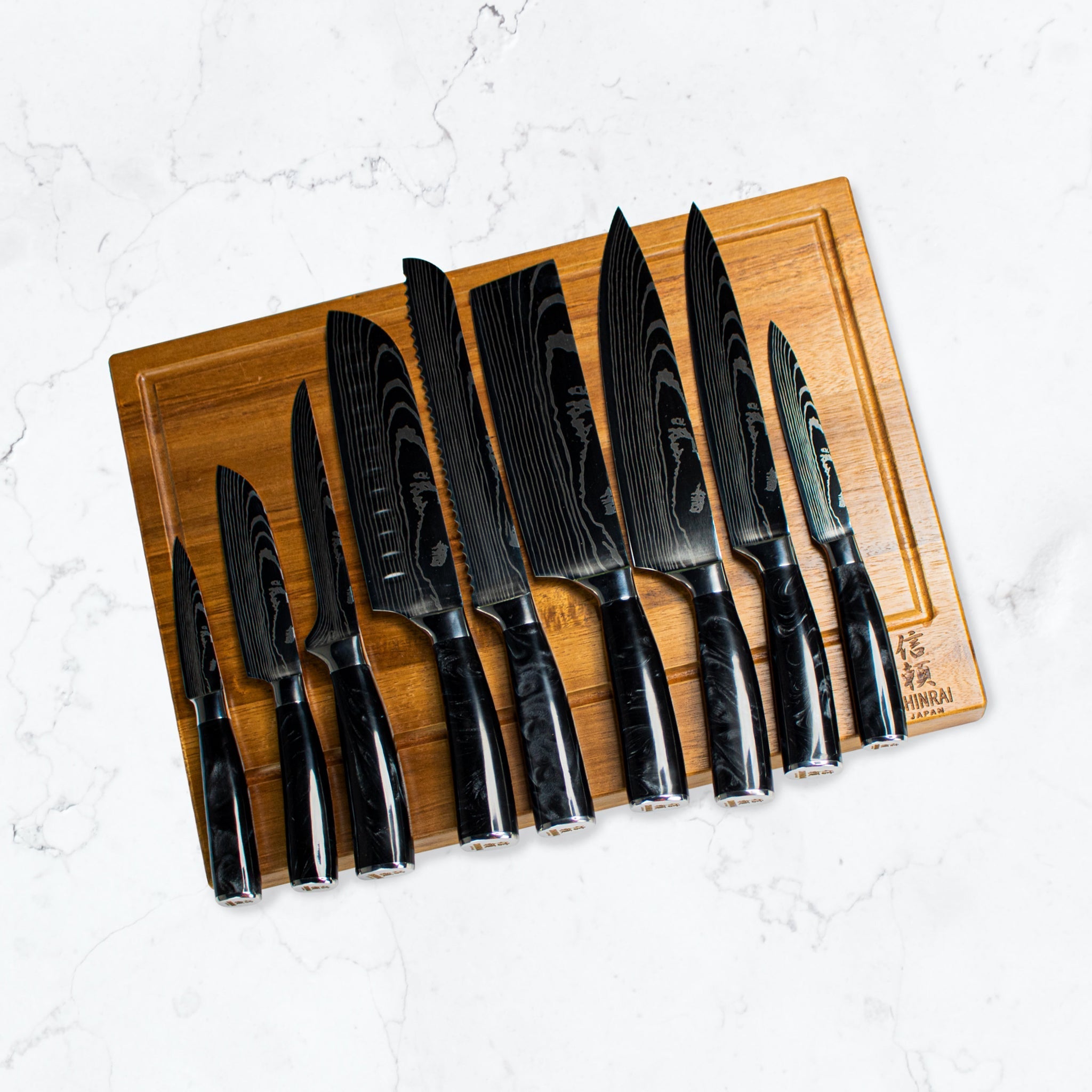 EPOXY ONYX 9 PIECE DAMASCUS PRINT KNIFE SET + ACACIA HOLDER DOUBLE SID ...