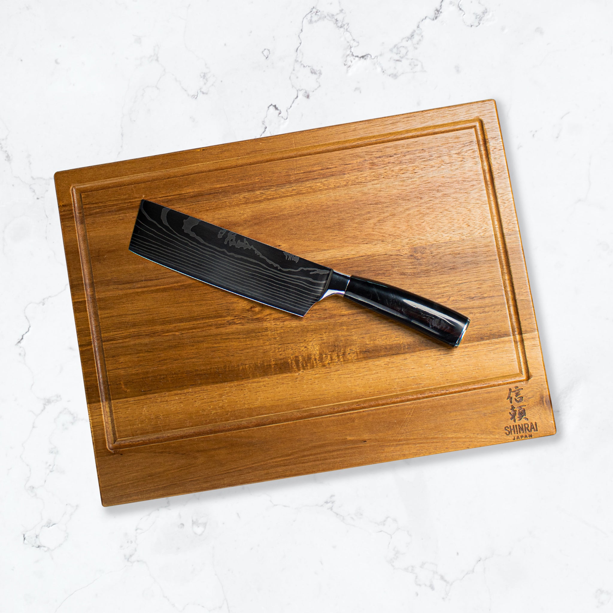 EPOXY ONYX 9 PIECE DAMASCUS PRINT KNIFE SET + ACACIA HOLDER DOUBLE SID ...