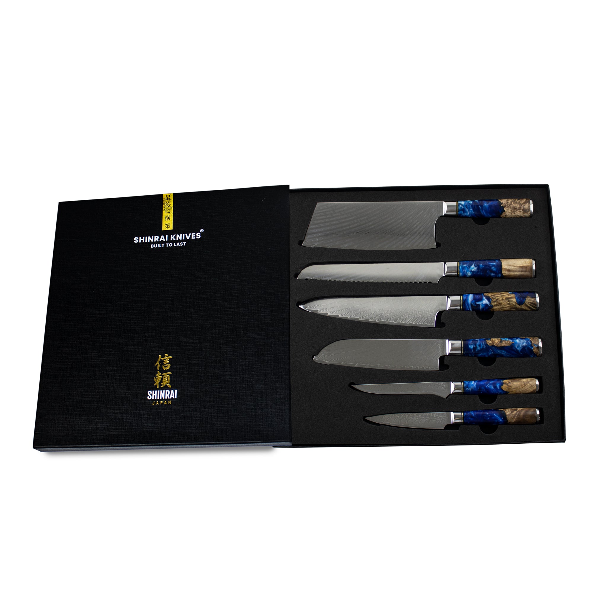 EPOXY SAPPHIRE 6-PIECE DAMASCUS KNIFE SET + ACACIA HOLDER DOUBLE SIDED ...
