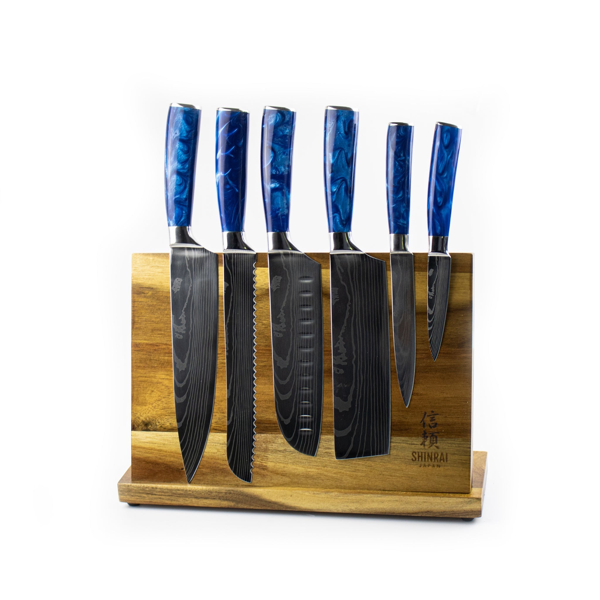EPOXY SAPPHIRE 6 PIECE DAMASCUS PRINT KNIFE SET + ACACIA HOLDER SINGLE ...