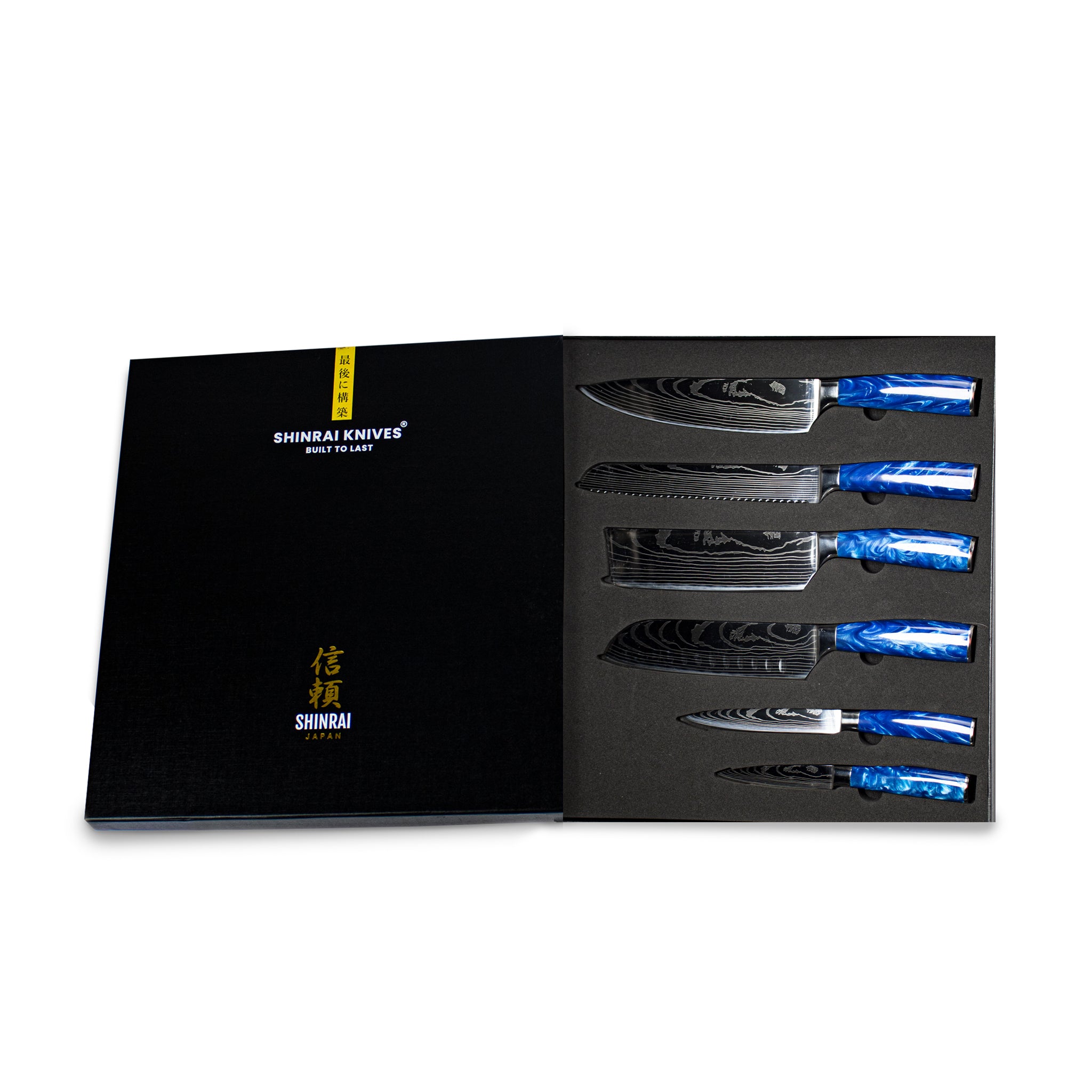 6-delige Japanse messenset damascus print - Expoxy Sapphire – ShinraiKnives