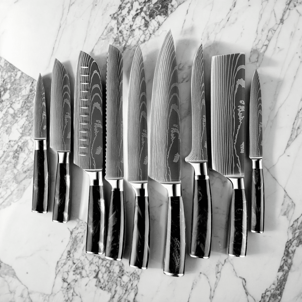 JAPANESE DAMASCUS PRINT ONYX EPOXY - 9 PIECE KNIFE SET – ShinraiKnives