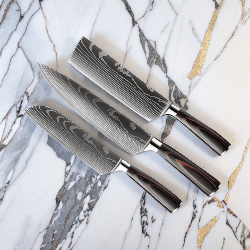 3-delige Japanse messenset damascus print – ShinraiKnives