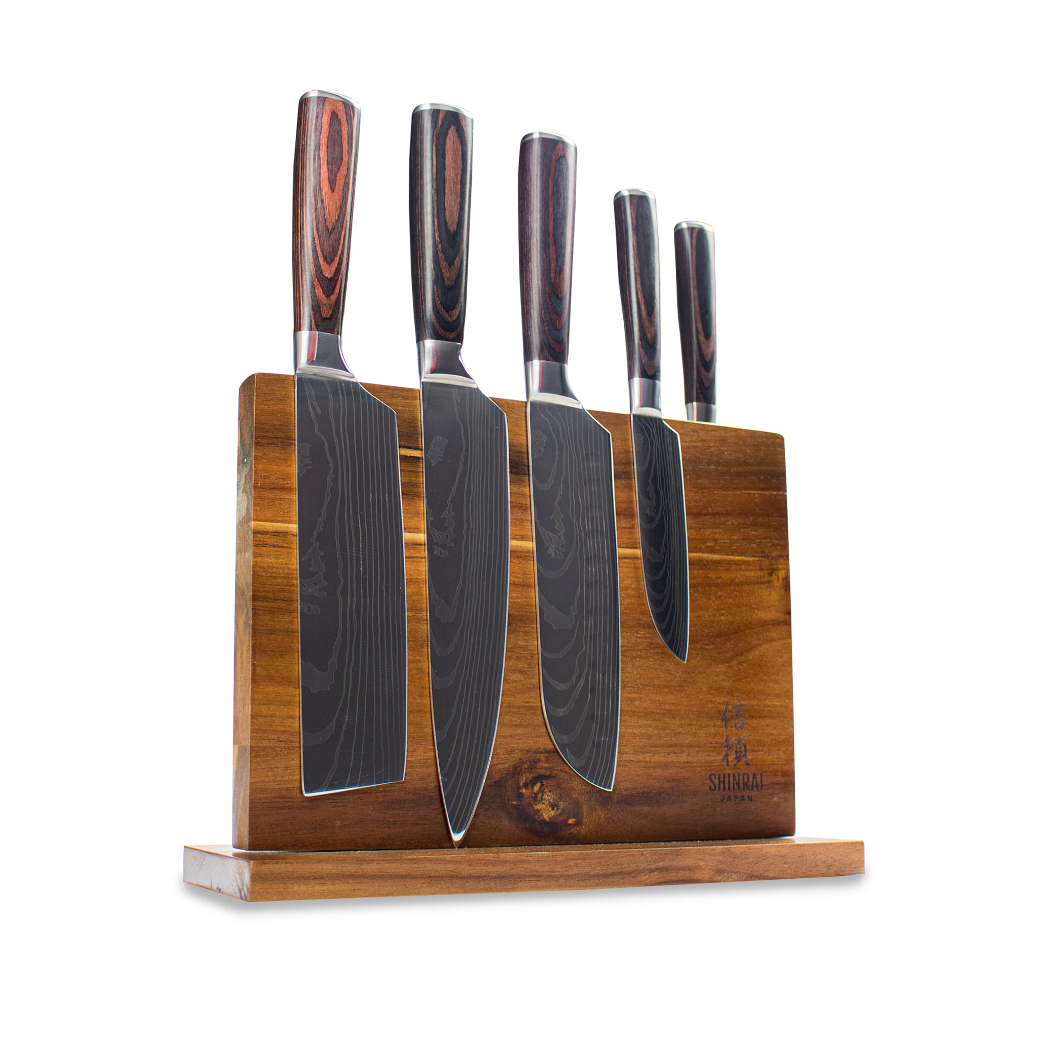 5-delige Japanse messenset damascus print + acacia houten messenhouder ...