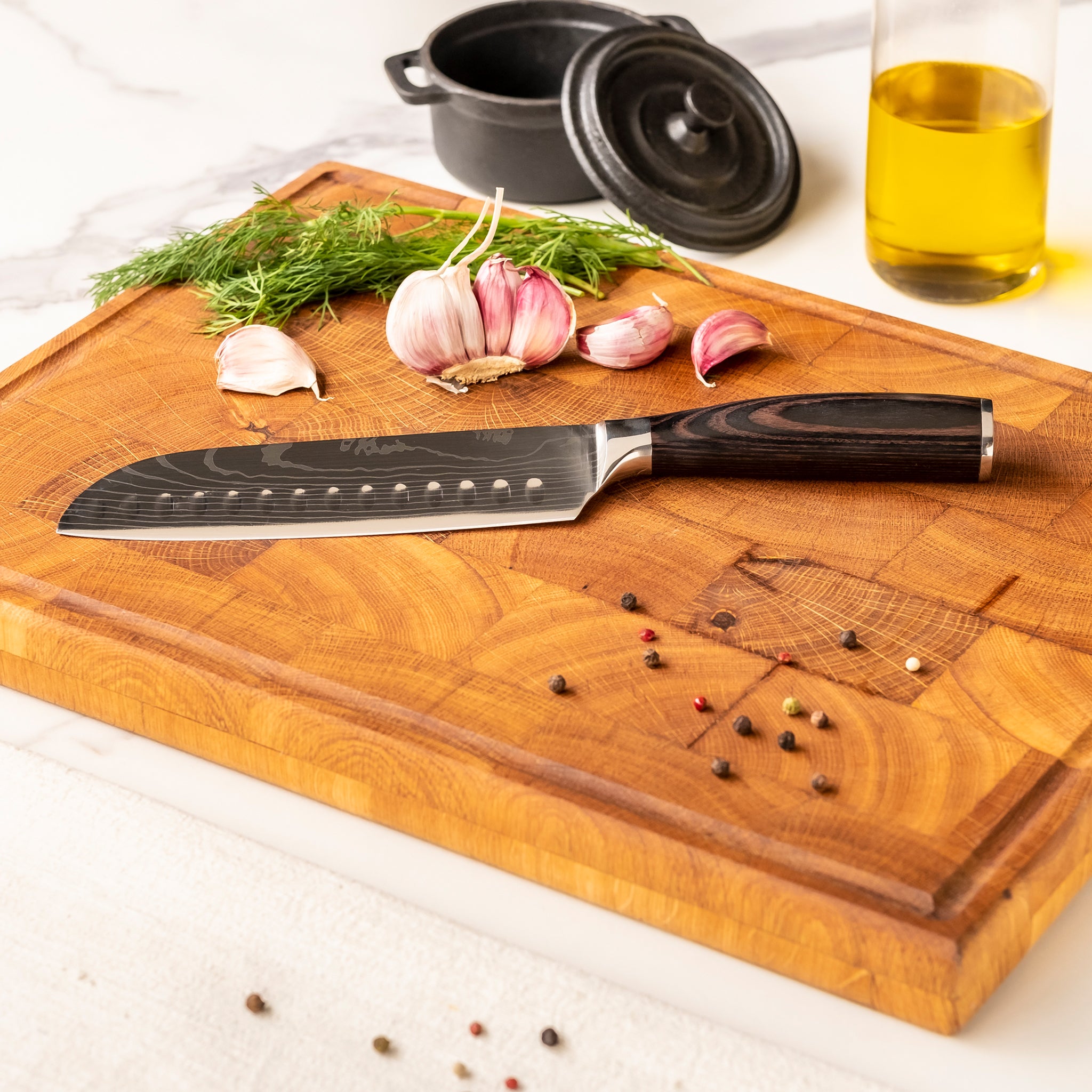 5-delige Japanse messenset damascus print + acacia houten messenhouder ...