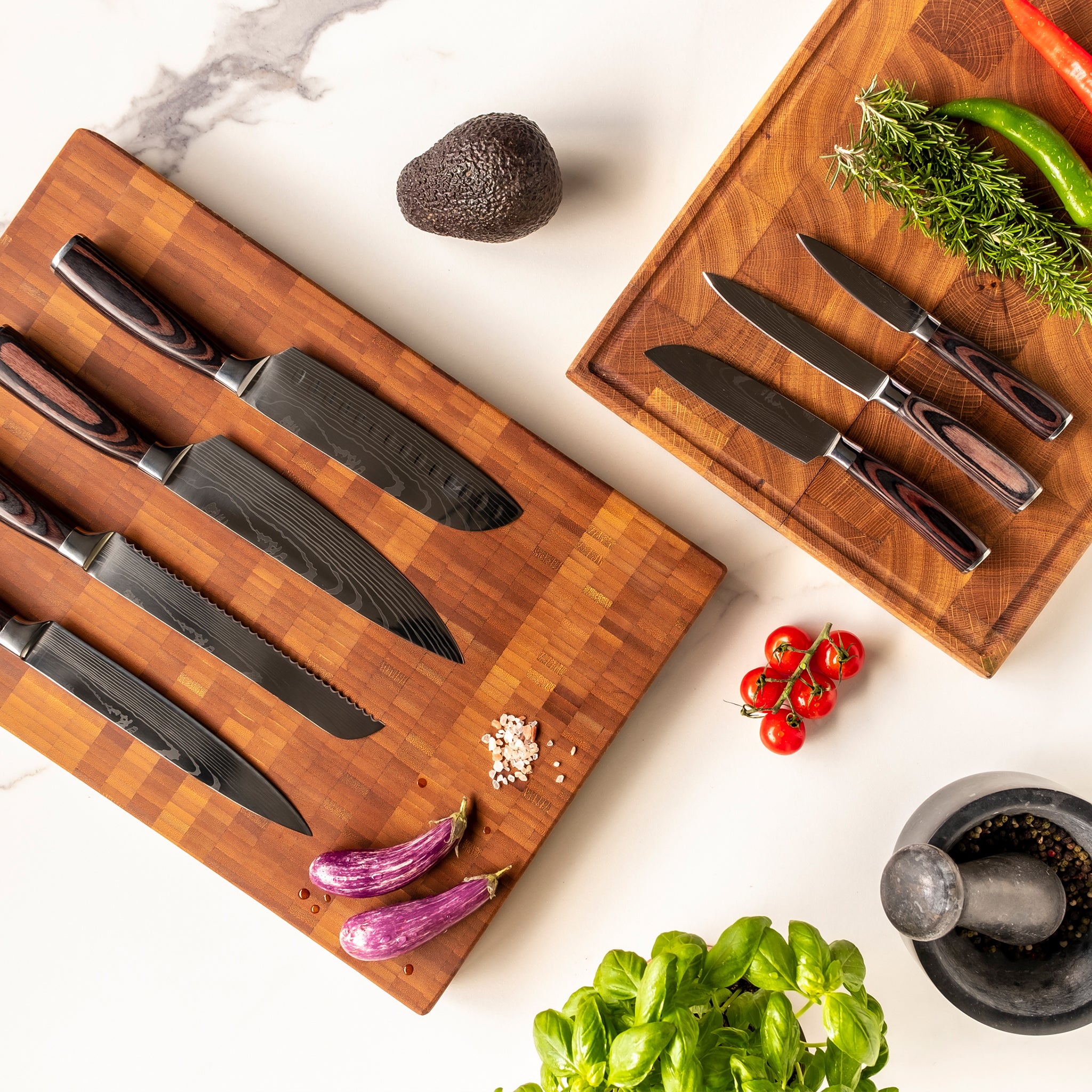 5-delige Japanse messenset damascus print + acacia houten messenhouder ...