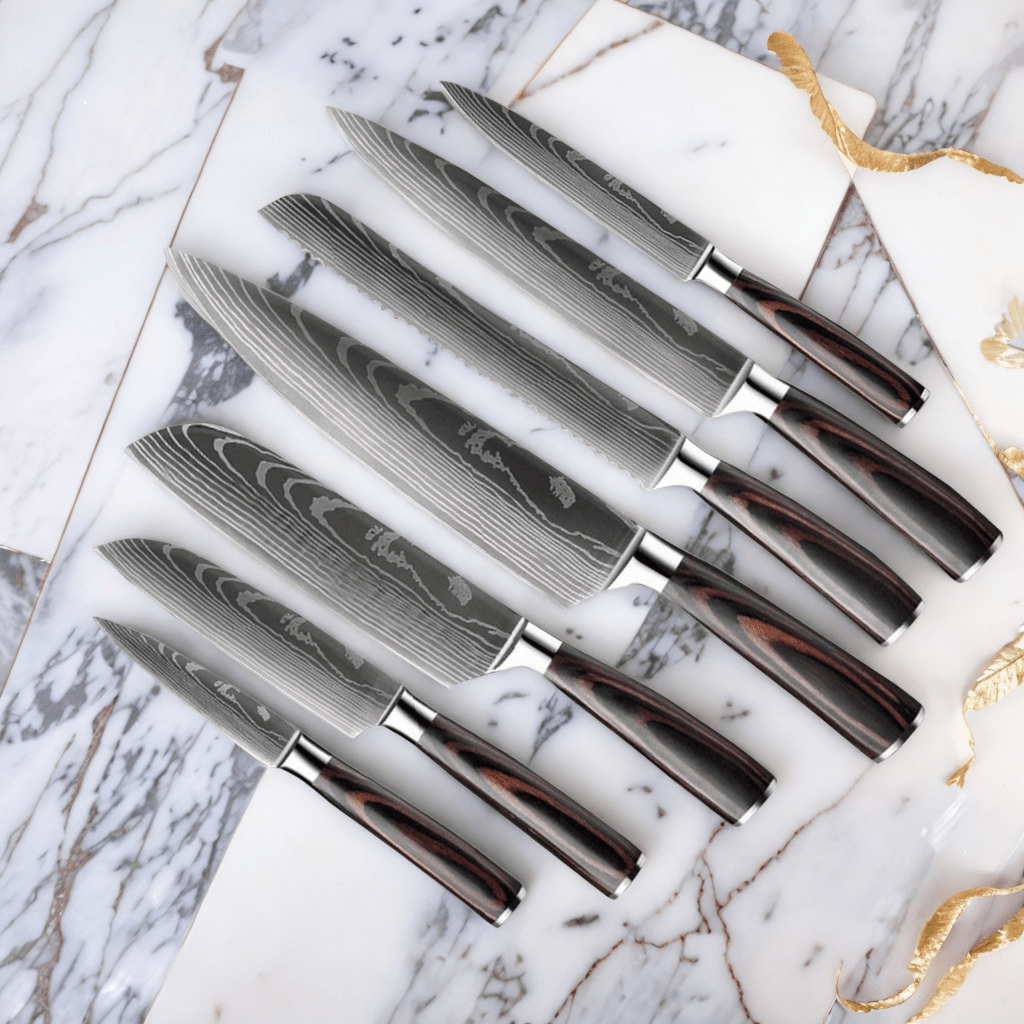 KNIFE SET DAMASCUS PRINT 7-PIECE + ACACIA HOLDER DOUBLE SIDED ...