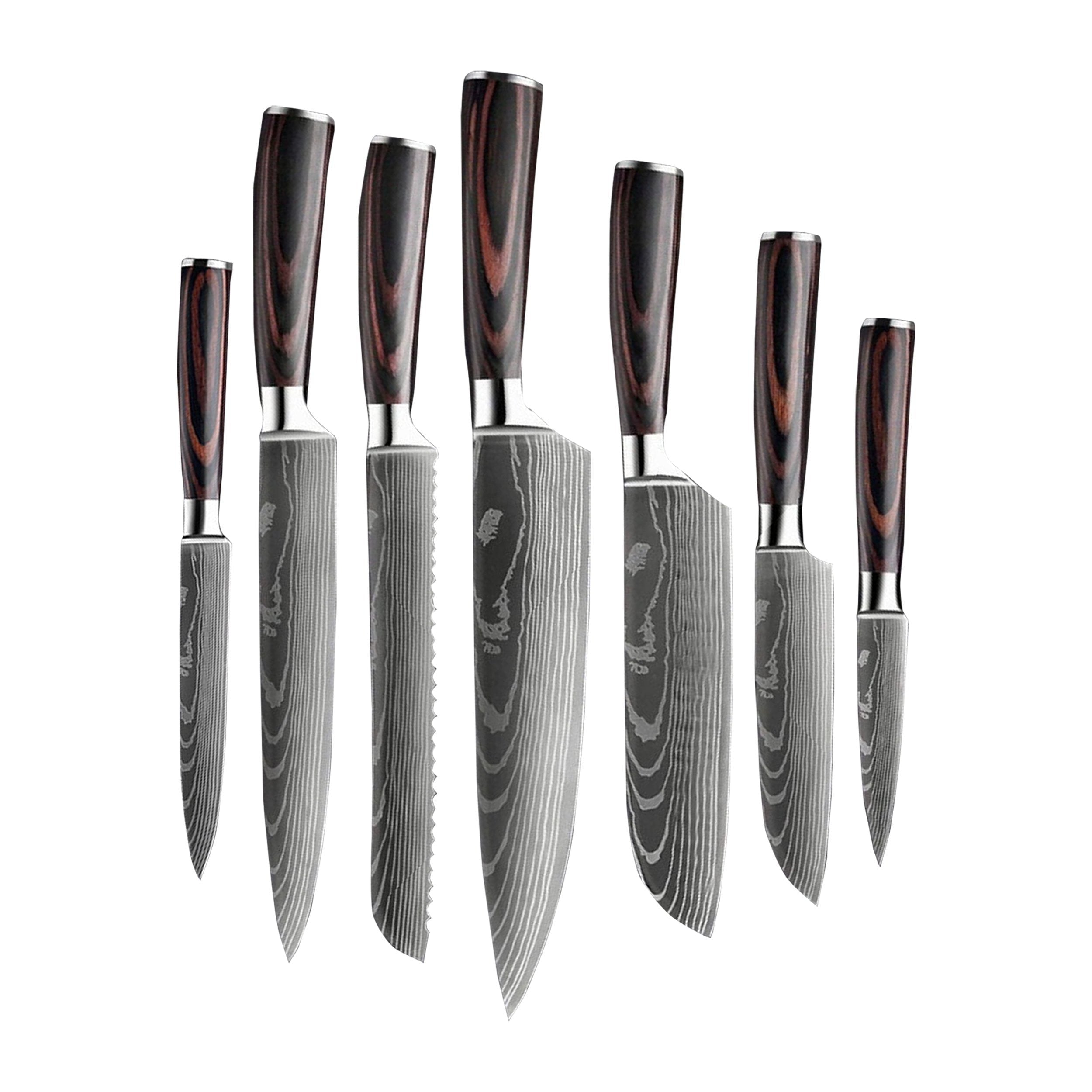 KNIFE SET DAMASCUS PRINT 7-PIECE + ACACIA HOLDER DOUBLE SIDED ...