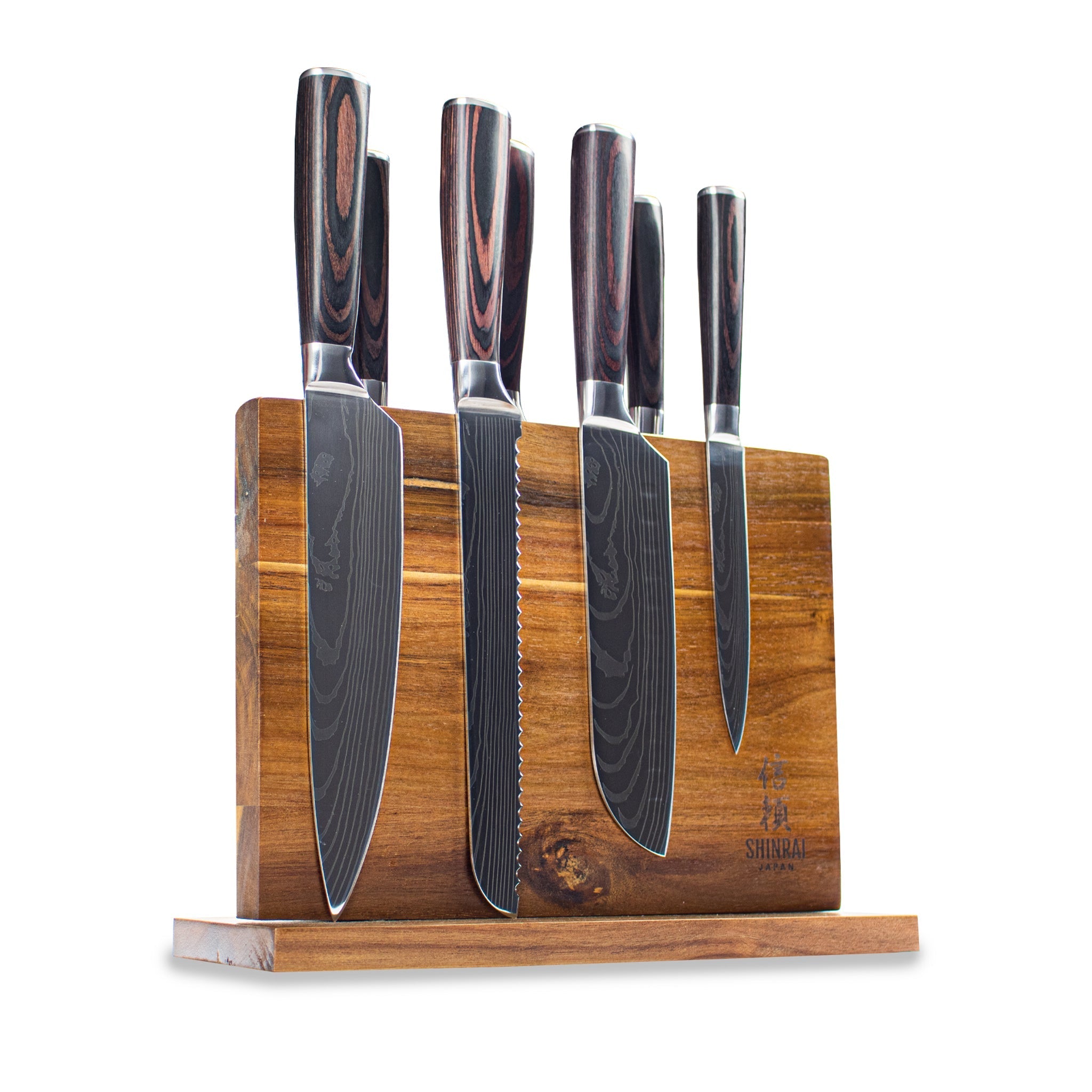 KNIFE SET DAMASCUS PRINT 7-PIECE + ACACIA HOLDER DOUBLE SIDED ...